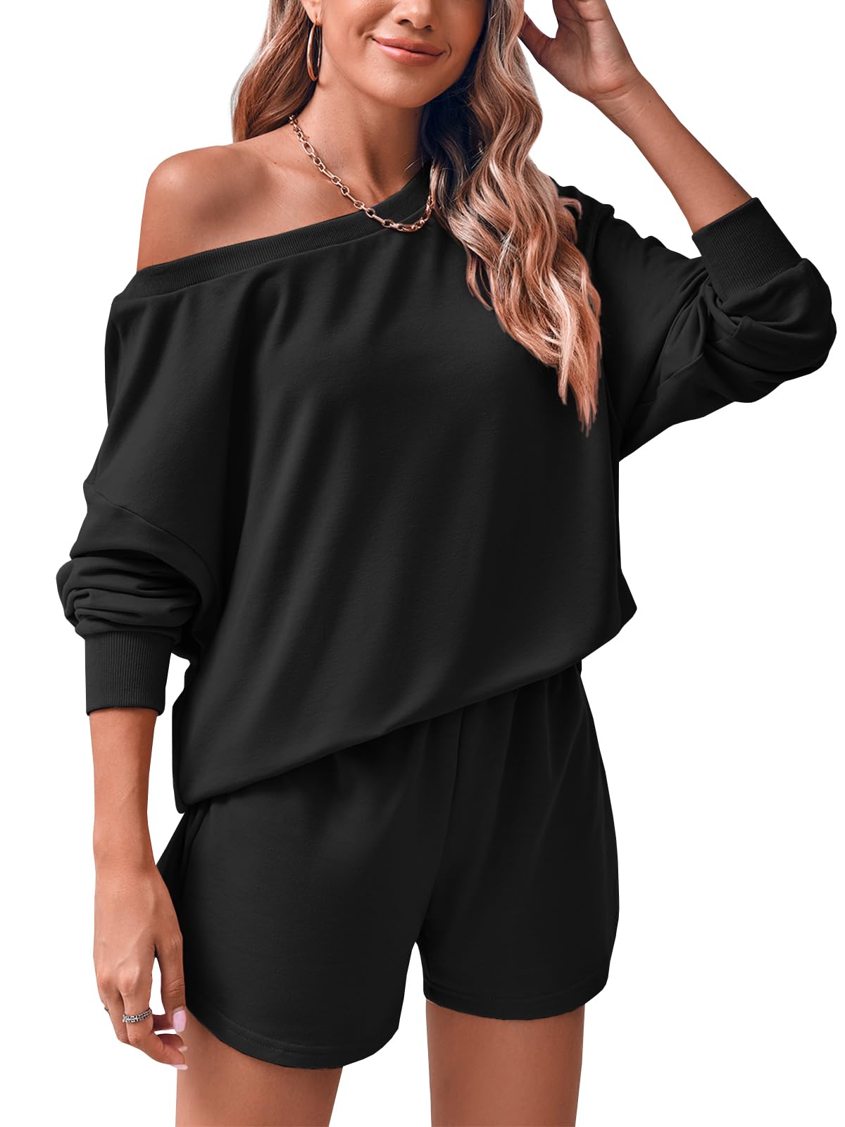 Fisoew Womens 2 Pieces Pajama Sets Long Sleeve Crop Top and Wide Leg Pants Set Black