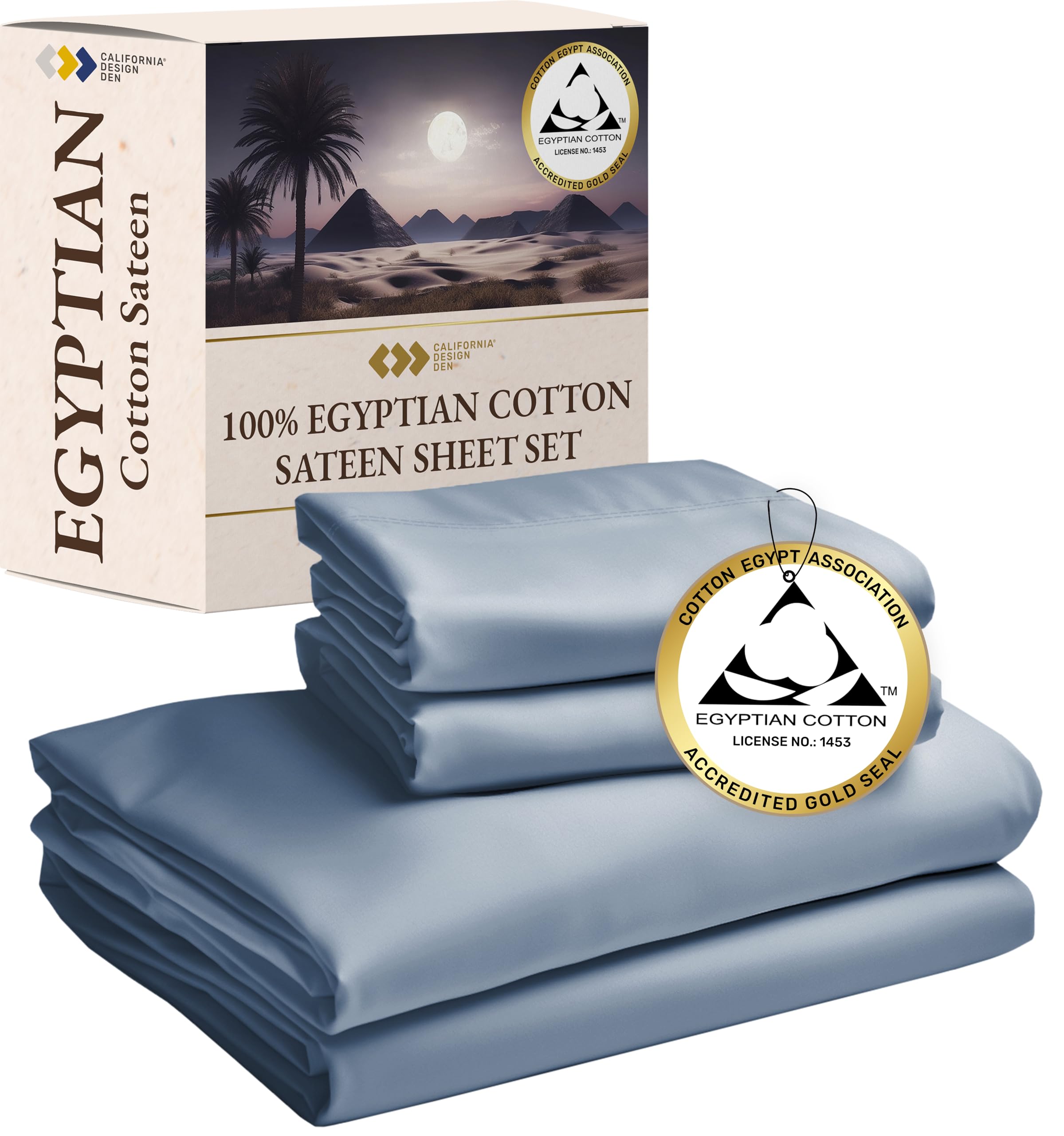 Certified Luxury 100% Pure Egyptian Cotton Cal King Bedding & Pillowcases Set, Deep Pocket Sateen Cooling Sheets for Hot Sleepers, California King Blue