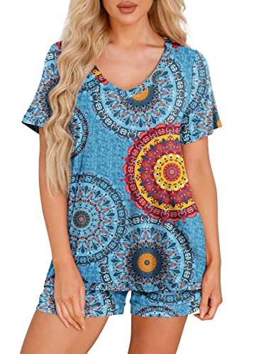 PrinStory Women's Pajama Set Short Sleeve Shirt and Shorts Sleepwear Pjs Sets with Pockets FP-Mix Blue-Small