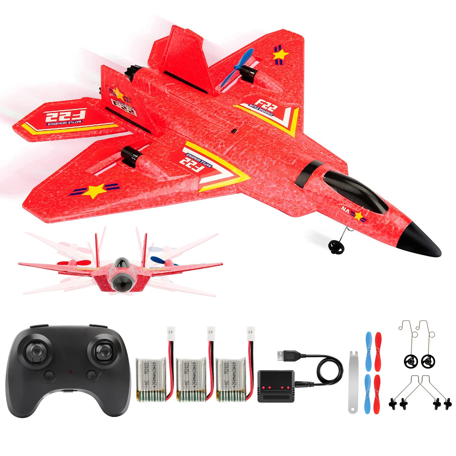 ANTSIR Remote Control Plane F-22 Raptor, 2.4Ghz Smart Gyroscope RC Airplane with Light Strip, Jet Fighter Toy Gift for Kids Beginner (Red)