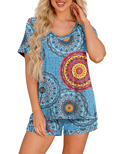 PrinStory Women's Pajama Set Short Sleeve Shirt and Shorts Sleepwear Pjs Sets with Pockets FP-Mix Blue-Small