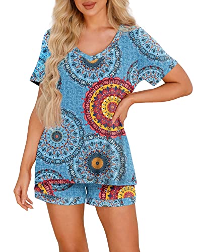 PrinStory Women's Pajama Set Short Sleeve Shirt and Shorts Sleepwear Pjs Sets with Pockets FP-Mix Blue-Small