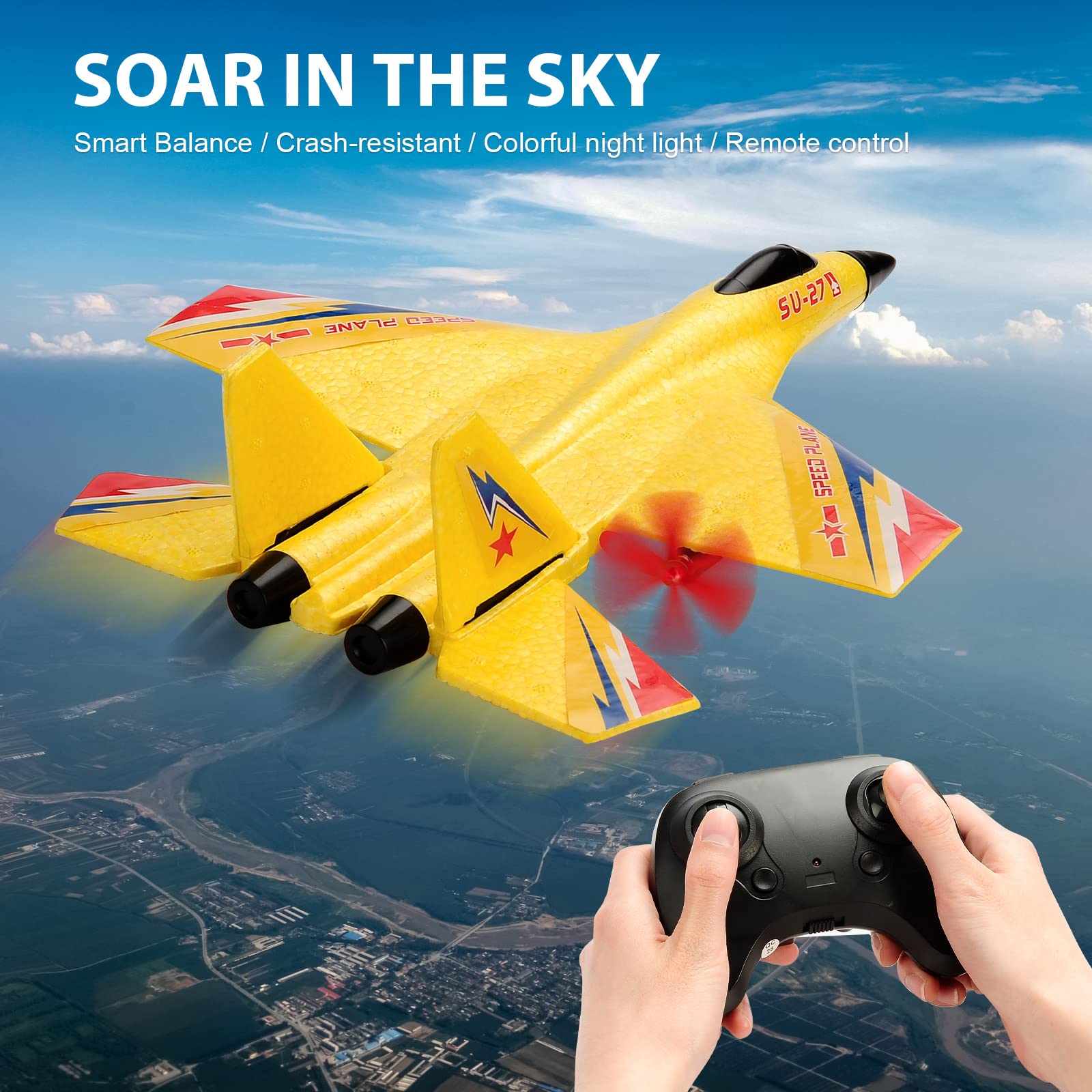 RoofWorld RC Plane Remote Control Glider Airplanes 2.4 GHZ 2 Channels, Easy to Fly RC Fighter, Remote Control Aircraft with Automatic Balance Gyro for Adult Kids Beginner
