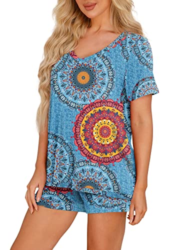 PrinStory Women's Pajama Set Short Sleeve Shirt and Shorts Sleepwear Pjs Sets with Pockets FP-Mix Blue-Small