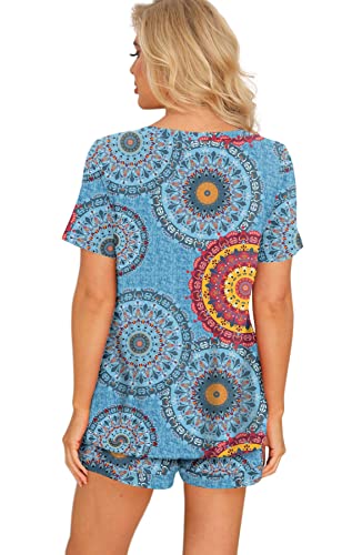 PrinStory Women's Pajama Set Short Sleeve Shirt and Shorts Sleepwear Pjs Sets with Pockets FP-Mix Blue-Small