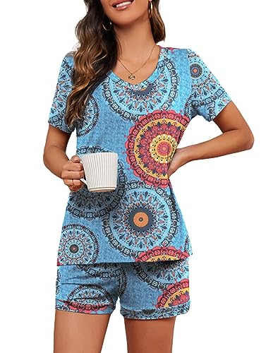 PrinStory Women's Pajama Set Short Sleeve Shirt and Shorts Sleepwear Pjs Sets with Pockets FP-Mix Blue-Small