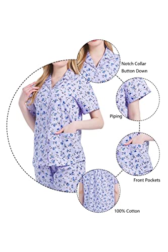 GLOBAL Women's 100% Cotton Pajama Sets | Two-Piece Soft Short-Sleeved and Long Pants PJs for Spring and Summer | Button Down Front Top and Drawstring Waist Bottom Nightwear