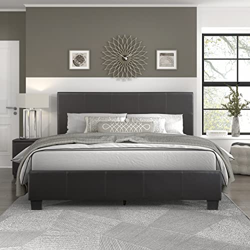 Lexicon California King Bed Frames With Headboard, Platform Bed Frame California King, Modern Bed Frame, Faux Leather Upholstered Bed Frame, No Box Spring Required, Easy Assembly, Cal King, Dark Brown