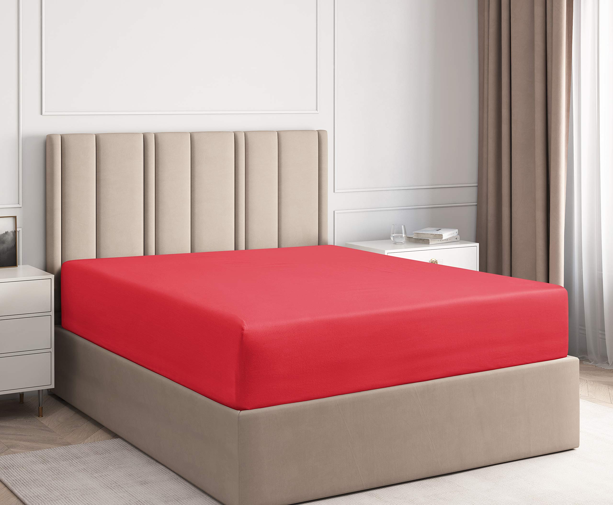 Luxury 100% Cotton Fitted Sheet Twin Size, Softest 800 Thread Count Sateen, Durable and Long Lasting, 24" Deep Pocket Twin Fitted Sheet Only, Bottom Sheet (Red)