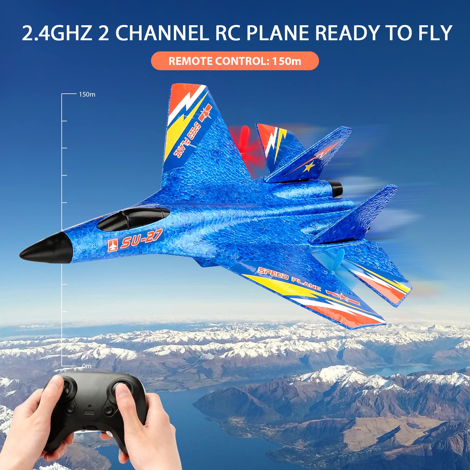 RoofWorld RC Plane Remote Control Glider Airplanes 2.4 GHZ 2 Channels, Easy to Fly RC Fighter, Remote Control Aircraft with Automatic Balance Gyro for Adult Kids Beginner