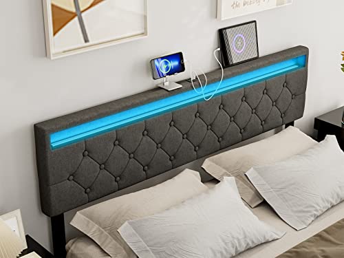 IKIFLY Upholstered California King Size LED Headboard with LED Lights & 2 USB Ports - Adjustable Height - Button Tufted Linen Fabric Padded Headboard Only, Easy Assembly - Dark Grey/Cal King