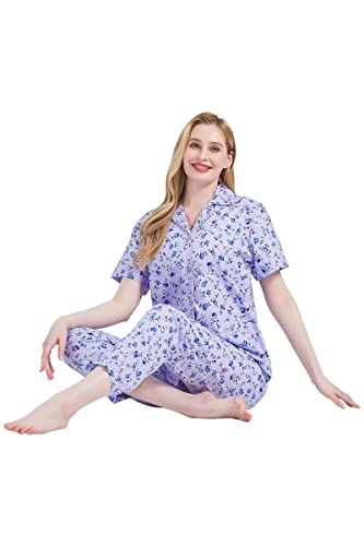 GLOBAL Women's 100% Cotton Pajama Sets | Two-Piece Soft Short-Sleeved and Long Pants PJs for Spring and Summer | Button Down Front Top and Drawstring Waist Bottom Nightwear