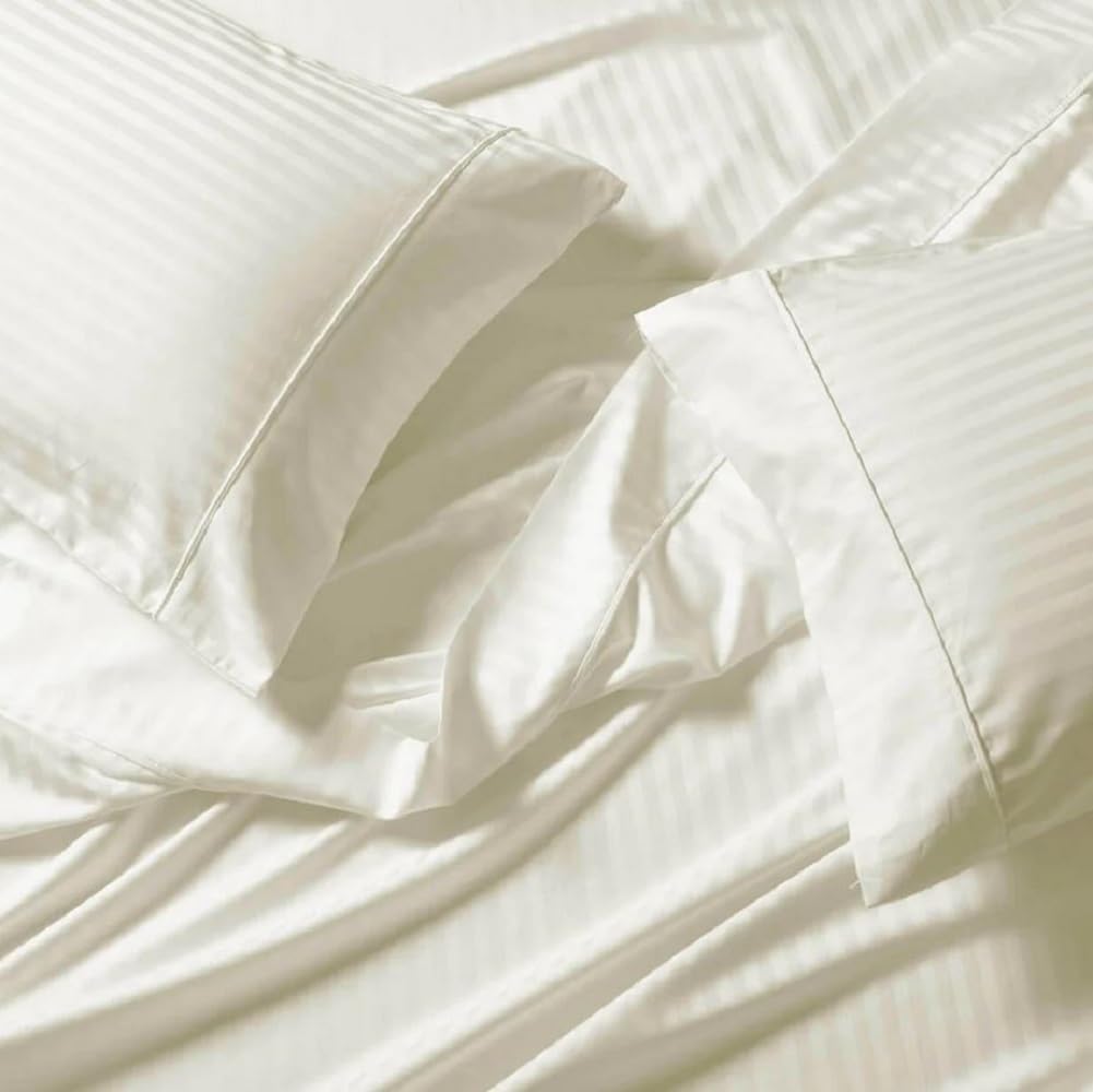 Royal Tradition Pure Cotton Striped Bed Sheet Set, Sateen Woven 250TC (Twin XL Size, Ivory) 16 Inch Deep Pockets- Soft Good Weight Sheets