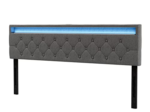 IKIFLY Upholstered California King Size LED Headboard with LED Lights & 2 USB Ports - Adjustable Height - Button Tufted Linen Fabric Padded Headboard Only, Easy Assembly - Dark Grey/Cal King