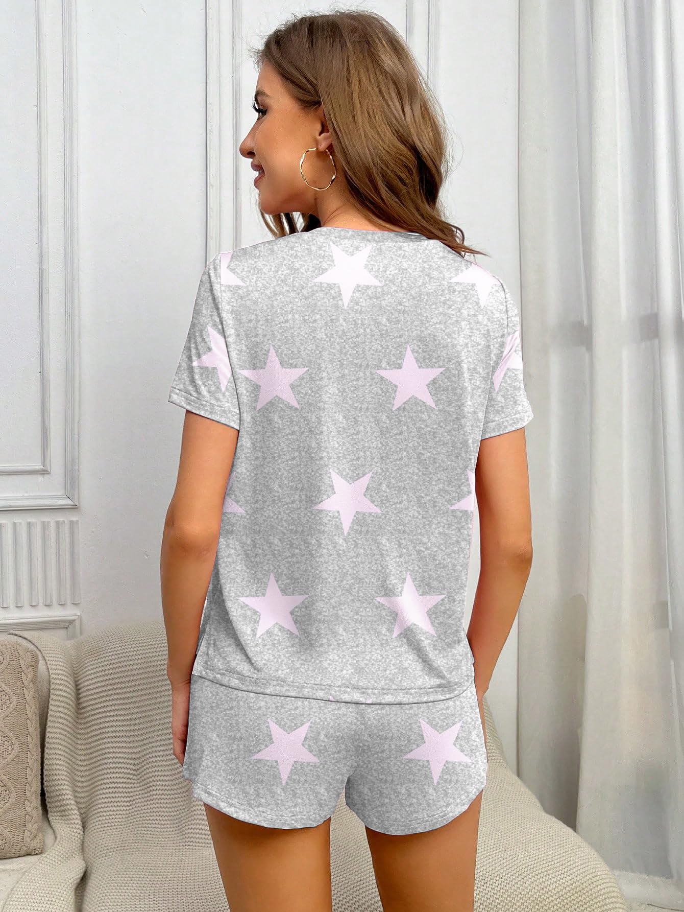 Ekouaer 2 Pack Pajamas Short Sleeve Top with Shorts Sets Comfy Pjs Lounge Sets Sleepwear for Women Pink Star/Black Floral Large