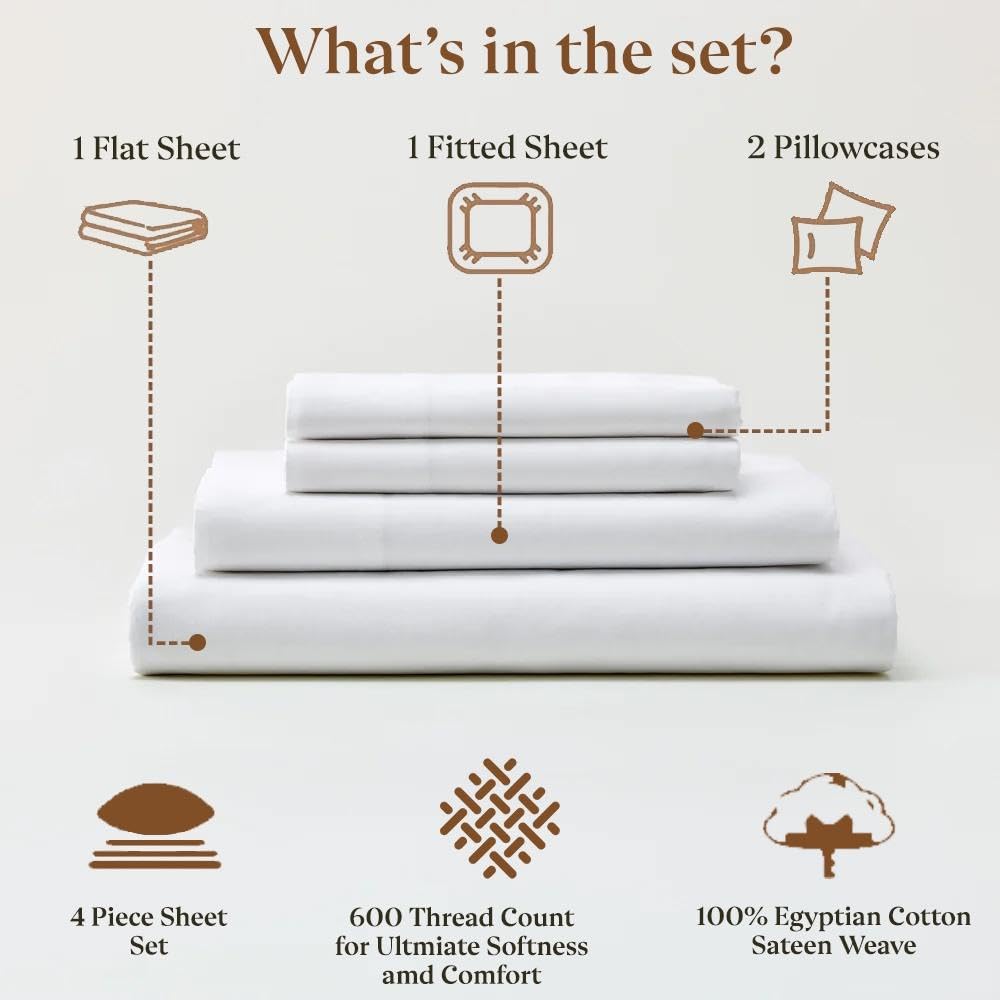 RV Short Queen Sheets Set - 600 Thread Count, 100% Egyptian Cotton Sheets - 4 Piece Bed Sheets for RV Short Queen Size Bed - Sateen Weave Hotel Quality Sheets, Breathable & Cooling (White)