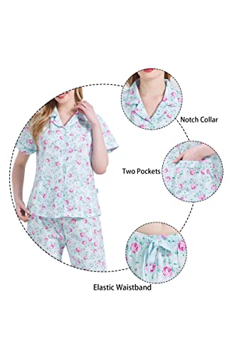 GLOBAL Women's 100% Cotton Pajama Sets | Two-Piece Soft Short-Sleeved and Long Pants PJs for Spring and Summer | Button Down Front Top and Drawstring Waist Bottom Nightwear