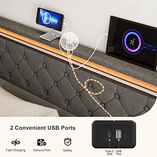 IKIFLY Upholstered California King Size LED Headboard with LED Lights & 2 USB Ports - Adjustable Height - Button Tufted Linen Fabric Padded Headboard Only, Easy Assembly - Dark Grey/Cal King