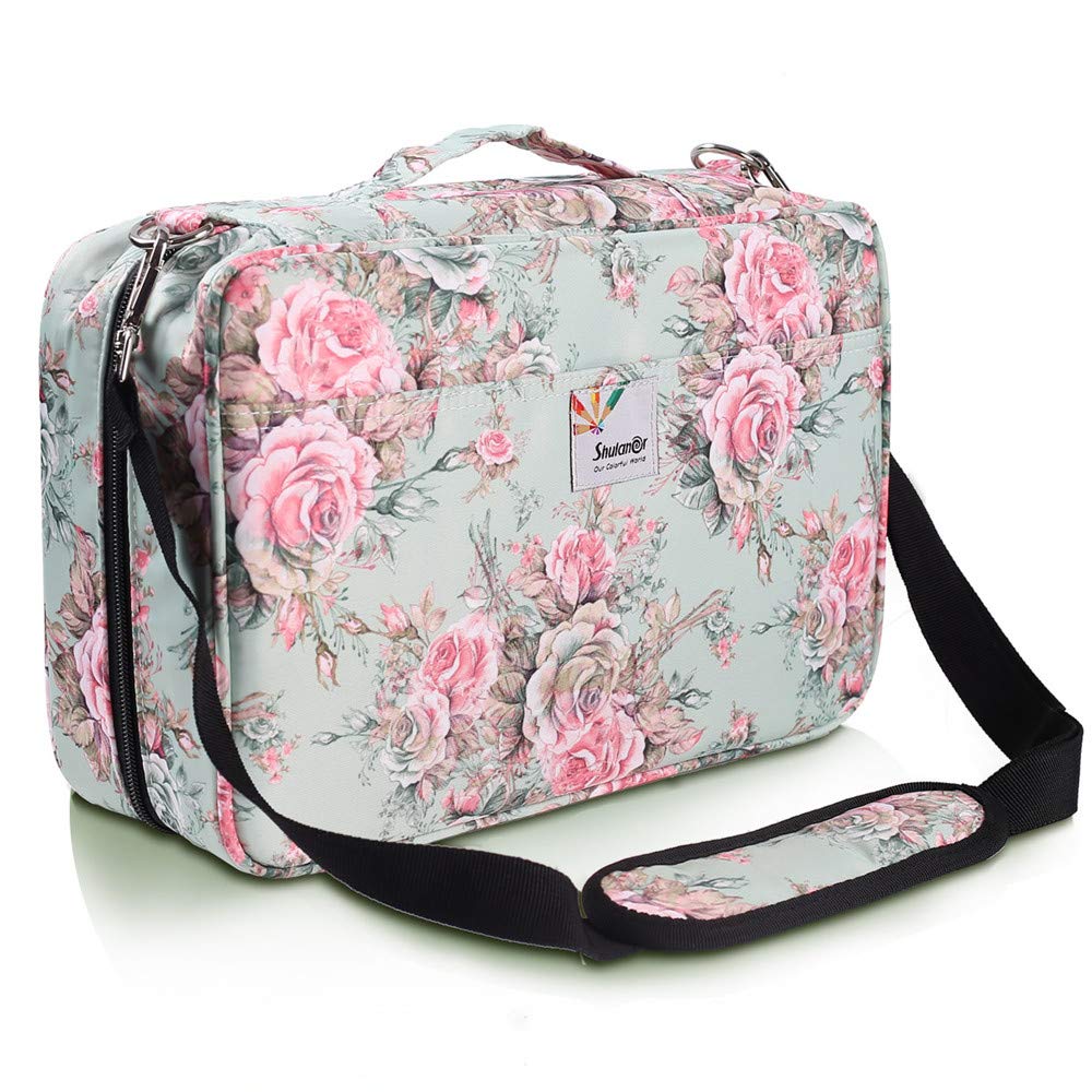 Shulaner Pencil Case Slot Holds 300 Colored Pencils or 200 Color Gel Pens with Zipper Closure Large Capacity Nylon Pen Organizer for Student or Artist (Green Rose with Shoulder Strap)