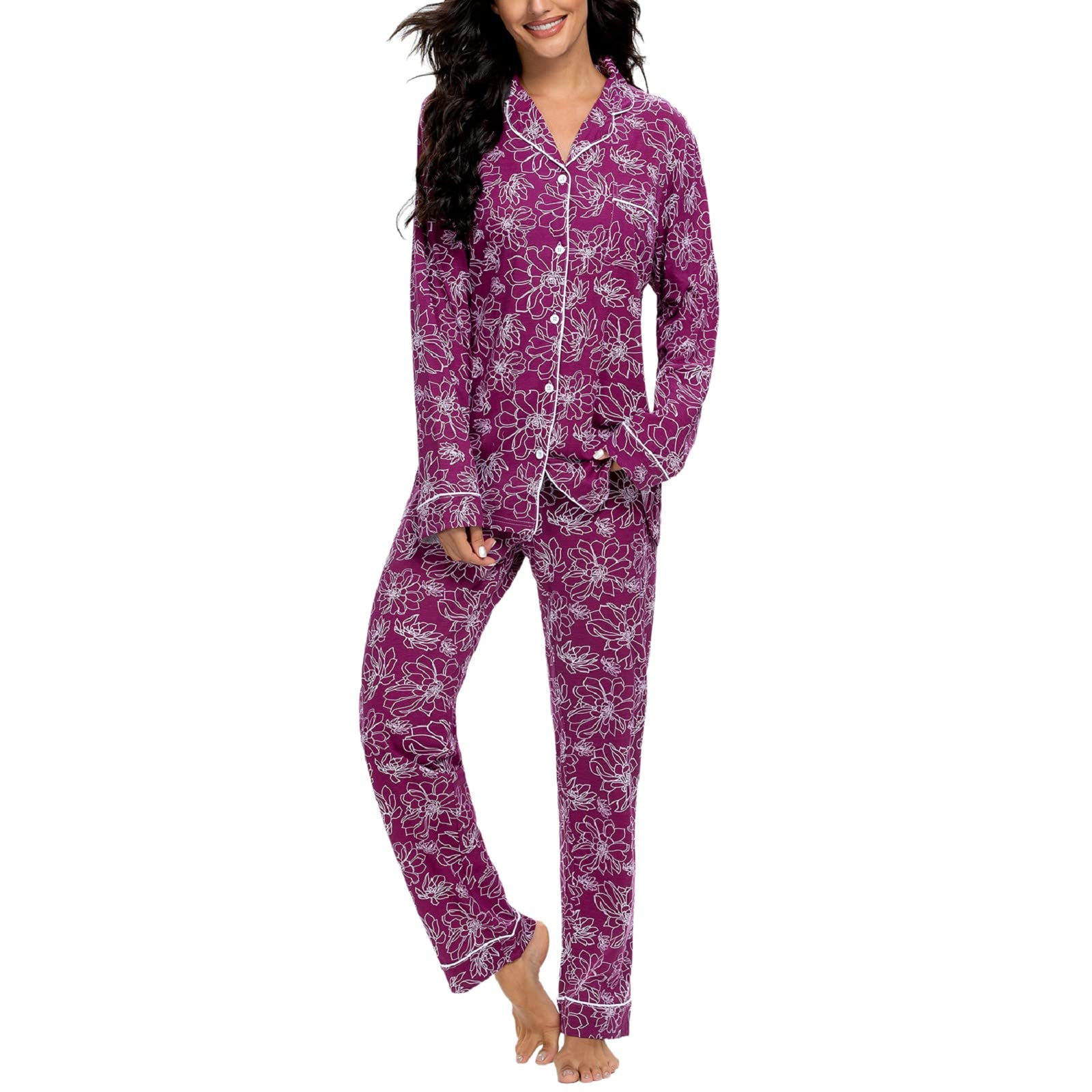 Tugege Pajamas Set Long Sleeve Sleepwear Women Button Down Nightwear Pj Lounge Sets (Burgundy Peony, Large)
