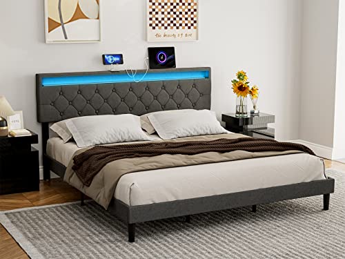 IKIFLY Upholstered California King Size LED Headboard with LED Lights & 2 USB Ports - Adjustable Height - Button Tufted Linen Fabric Padded Headboard Only, Easy Assembly - Dark Grey/Cal King