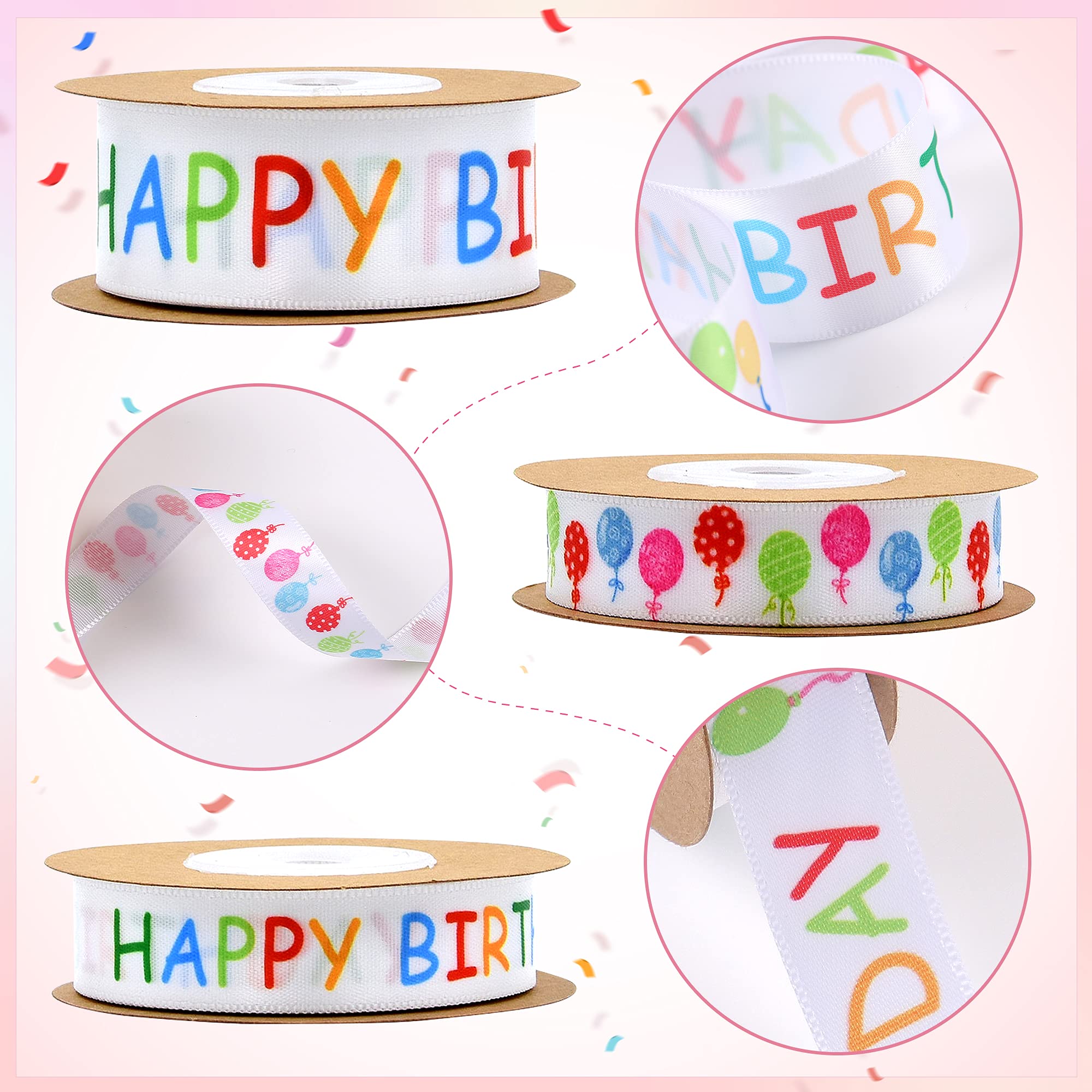 MAMUNU 3 Rolls Happy Birthday Ribbon, 3/5" and 1" Wide Birthday Cake Ribbon White Satin Polyester Ribbon, for DIY Birthday Craft, Gifts Wrapping, Bow Making(30Yds) (3 roll)