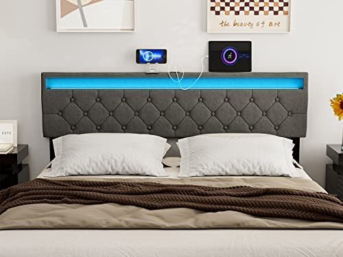 IKIFLY Upholstered California King Size LED Headboard with LED Lights & 2 USB Ports - Adjustable Height - Button Tufted Linen Fabric Padded Headboard Only, Easy Assembly - Dark Grey/Cal King
