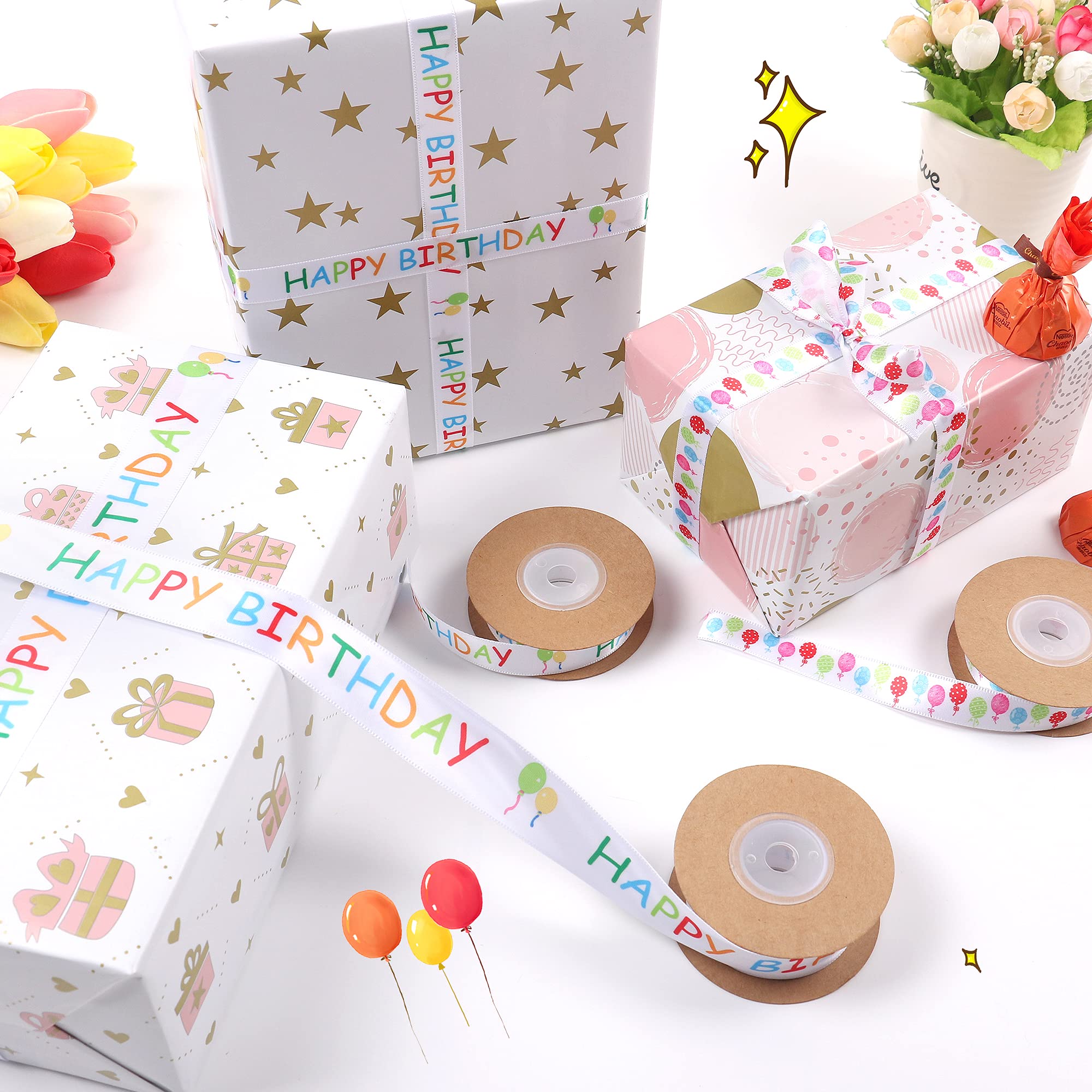MAMUNU 3 Rolls Happy Birthday Ribbon, 3/5" and 1" Wide Birthday Cake Ribbon White Satin Polyester Ribbon, for DIY Birthday Craft, Gifts Wrapping, Bow Making(30Yds) (3 roll)