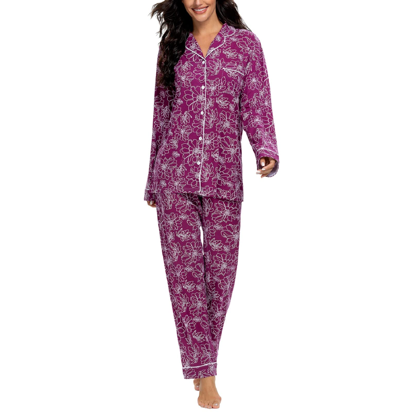 Tugege Pajamas Set Long Sleeve Sleepwear Women Button Down Nightwear Pj Lounge Sets (Burgundy Peony, Large)