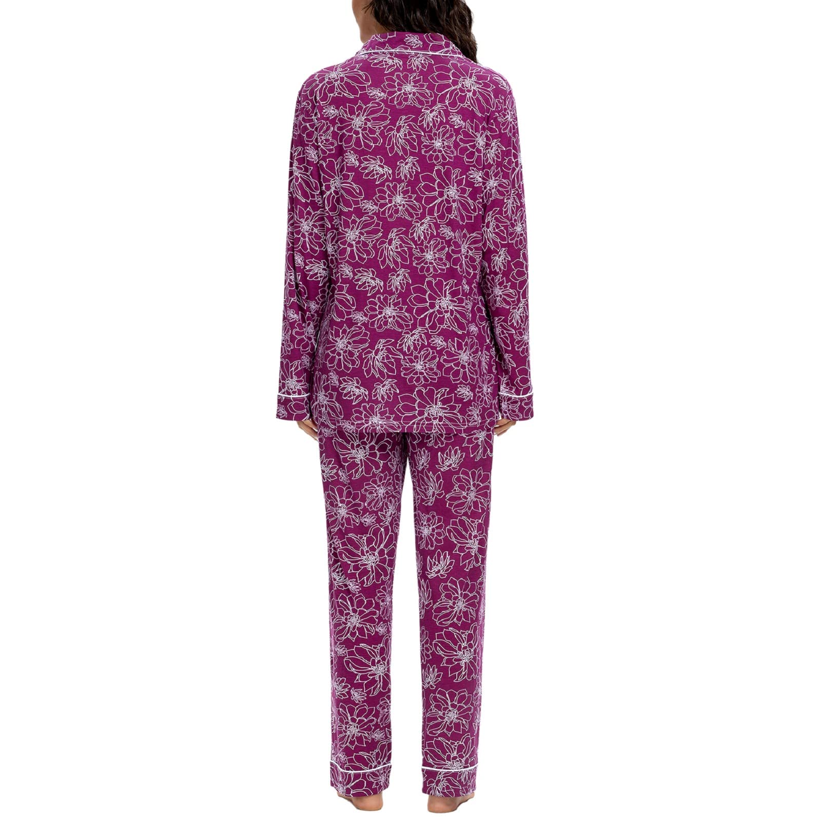 Tugege Pajamas Set Long Sleeve Sleepwear Women Button Down Nightwear Pj Lounge Sets (Burgundy Peony, Large)