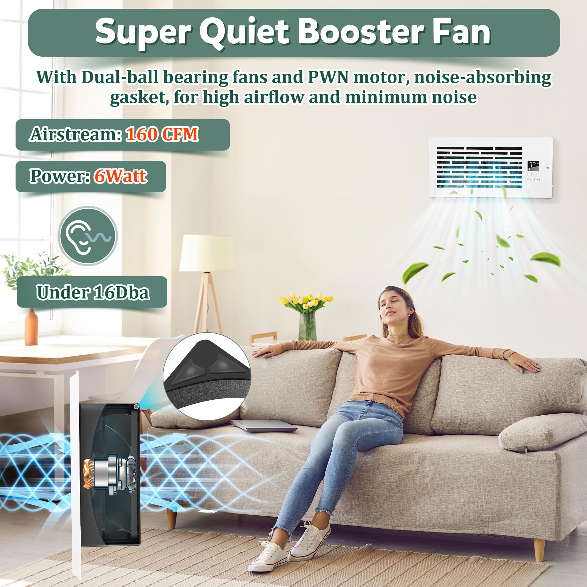 Feekoon 1 Pack Smart Quiet Register Booster Fan, 4'' x 10'' AC Vent Booster Fan with Intelligent Thermostat Control and Remote Control, Cooling Heating White Vent Fan Booster, 160 CFM