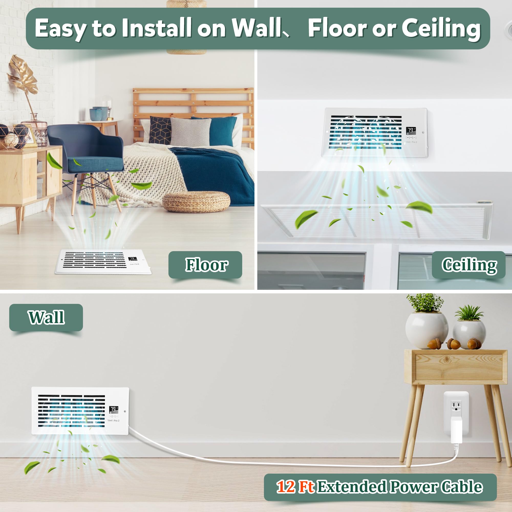 Feekoon 1 Pack Smart Quiet Register Booster Fan, 4'' x 10'' AC Vent Booster Fan with Intelligent Thermostat Control and Remote Control, Cooling Heating White Vent Fan Booster, 160 CFM