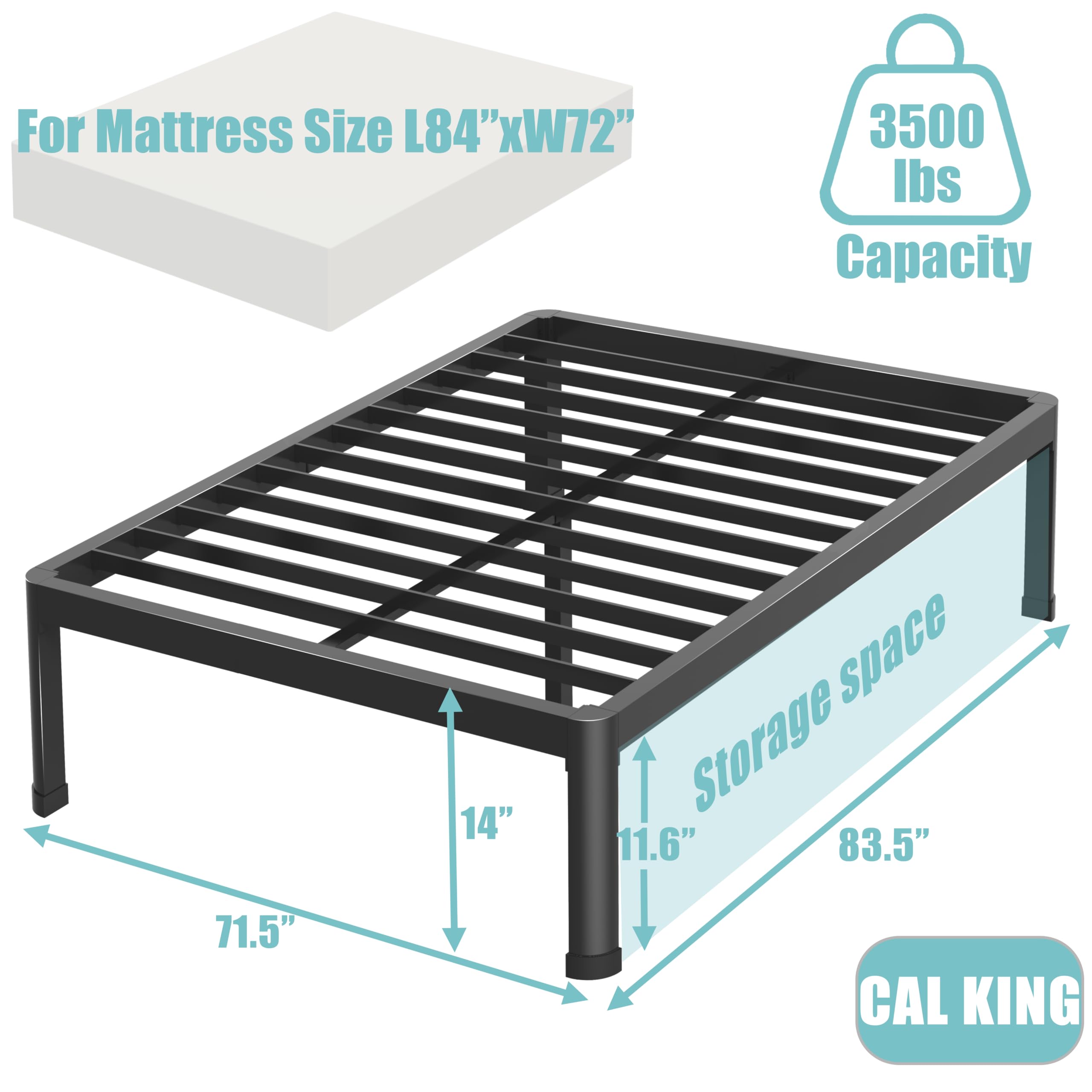 Yitong Angel California King Bed Frame with Round Corner Edge Legs, 14 Inch Tall 3500 lbs Heavy Duty Metal Platform Bed Frame California King Size, No Box Spring Needed/Noise Free/Non-Slip
