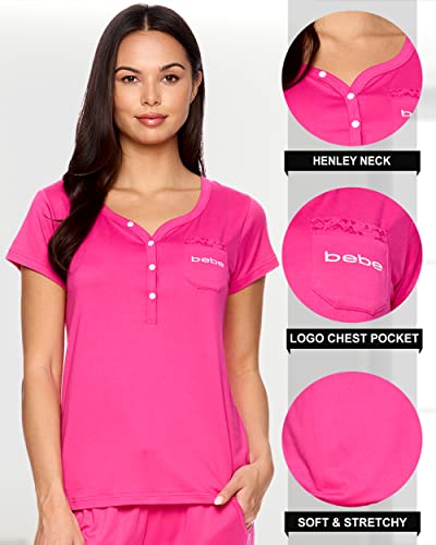 bebe Womens Pajama Set, Short Sleeve Shirt with Lace Jogger PJ Pants Lounge Sets for Women (Fuchsia, Medium)