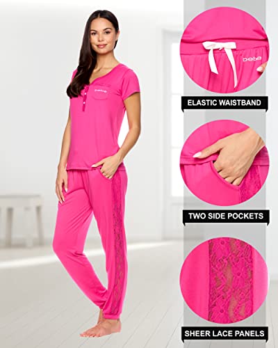 bebe Womens Pajama Set, Short Sleeve Shirt with Lace Jogger PJ Pants Lounge Sets for Women (Fuchsia, Medium)