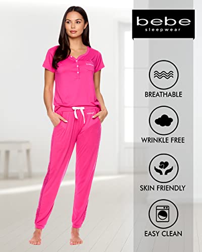 bebe Womens Pajama Set, Short Sleeve Shirt with Lace Jogger PJ Pants Lounge Sets for Women (Fuchsia, Medium)
