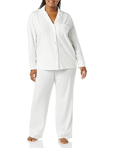 Amazon Essentials Women's Cotton Modal Long-Sleeve Shirt and Full-Length Bottom Pajama Set, White, Small