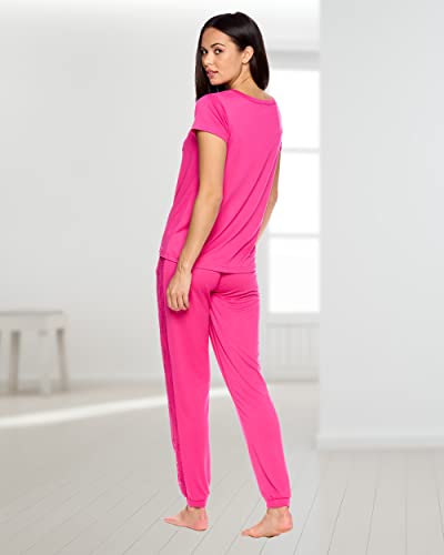 bebe Womens Pajama Set, Short Sleeve Shirt with Lace Jogger PJ Pants Lounge Sets for Women (Fuchsia, Medium)