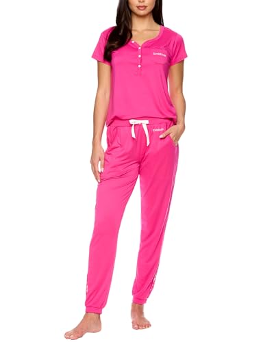 bebe Womens Pajama Set, Short Sleeve Shirt with Lace Jogger PJ Pants Lounge Sets for Women (Fuchsia, Medium)