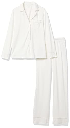 Amazon Essentials Women's Cotton Modal Long-Sleeve Shirt and Full-Length Bottom Pajama Set, White, Small
