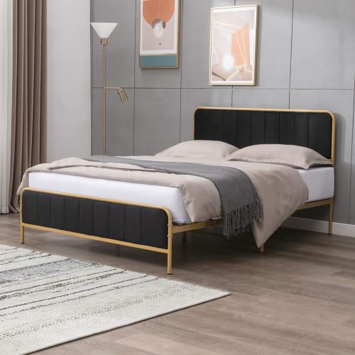 BALUS Cal King Size Bed Frame, Metal Platform Bed Frame with Tufted Headboard, Velvet Upholstered Platform Bed Frame with Gold Trim, Easy Assembly, No Box Spring Needed and Slip Noise Free Black