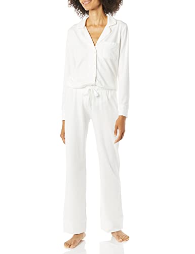 Amazon Essentials Women's Cotton Modal Long-Sleeve Shirt and Full-Length Bottom Pajama Set, White, Small