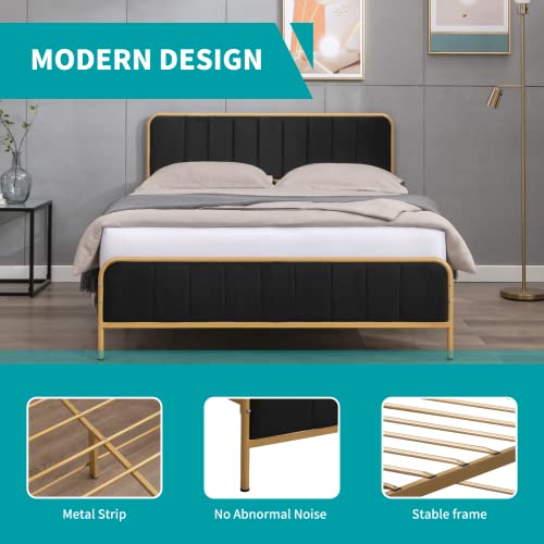 BALUS Cal King Size Bed Frame, Metal Platform Bed Frame with Tufted Headboard, Velvet Upholstered Platform Bed Frame with Gold Trim, Easy Assembly, No Box Spring Needed and Slip Noise Free Black