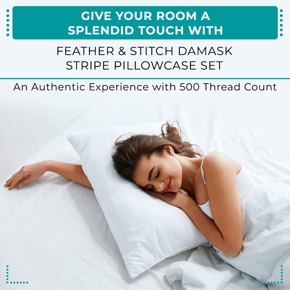 Feather & Stitch 100% Cotton 1 Piece Damask Stripe King Fitted Sheet 500 Thread Count White Luxury Sateen Weave with 2 Extra Pillow Cases