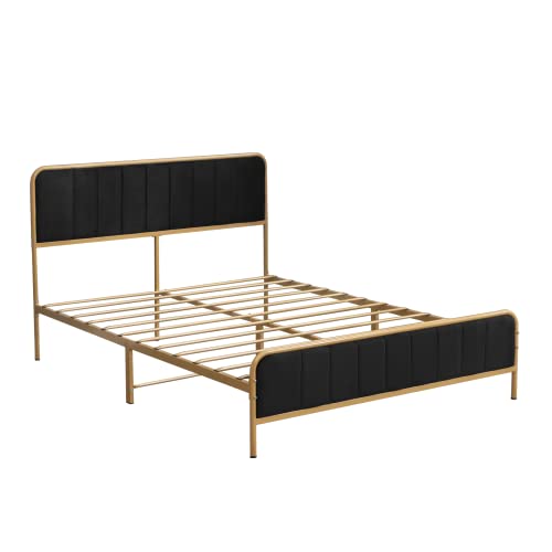 BALUS Cal King Size Bed Frame, Metal Platform Bed Frame with Tufted Headboard, Velvet Upholstered Platform Bed Frame with Gold Trim, Easy Assembly, No Box Spring Needed and Slip Noise Free Black