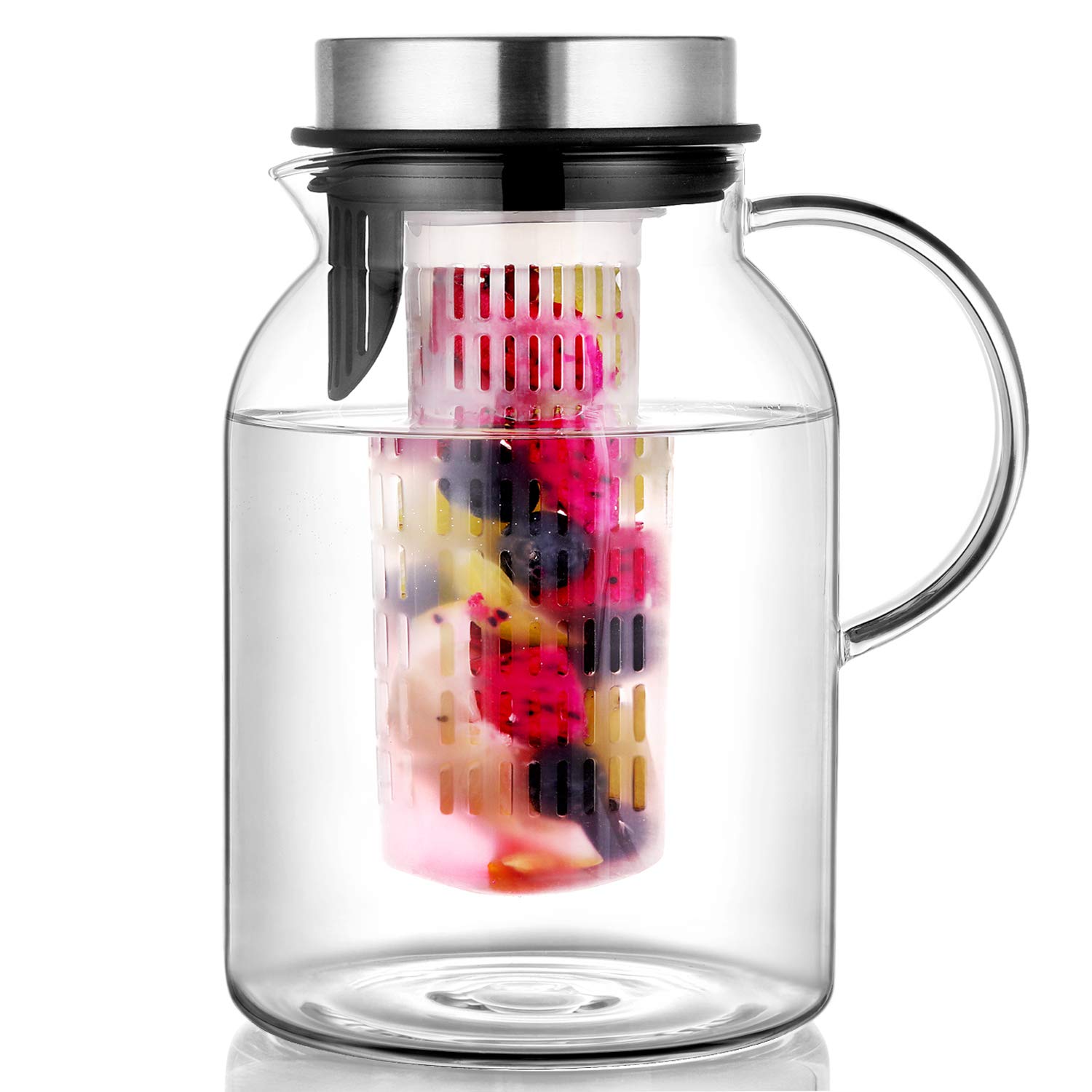 Glass Water Pitcher, Fruit Infuser Pitcher with Removable Lid, High Heat Resistance Infusion Pitcher for Hot/Cold Water, Flavor-Infused Beverage & Iced Tea - 2 Qt