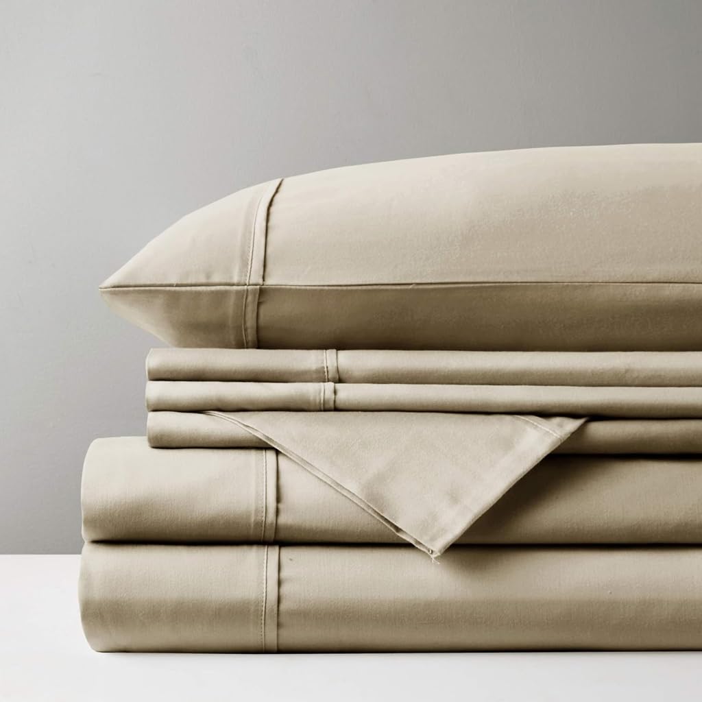 Oakestry 6-Pc 800 Thread Count Luxurious 17" Deep Pocket Wrinkle Free Breathable Cotton Rich Sateen Hotel Bedding Silky Soft Sheet Set, King Size, Khaki