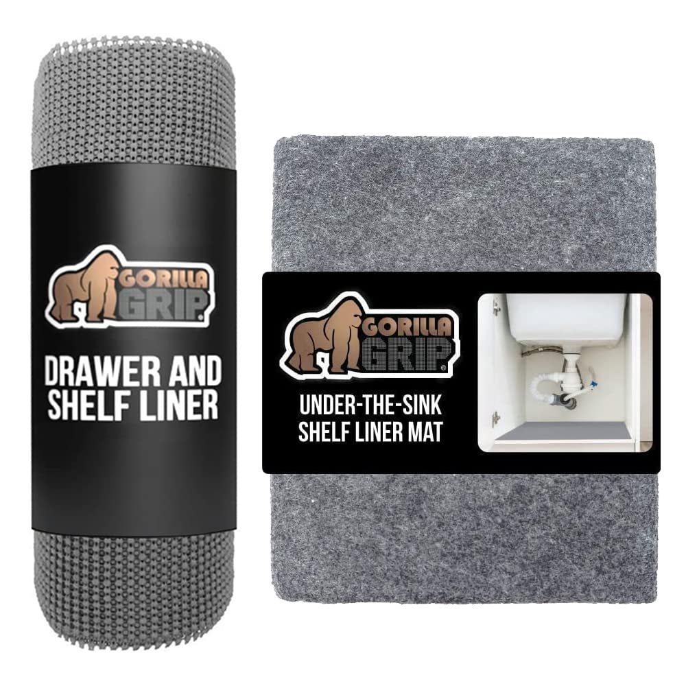 Gorilla Grip Drawer Liner and Under Sink Mat, Drawer Liner Size 12 in x 20 FT in Gray, Non Adhesive, Under Sink Mat Size 24x30 in Charcoal, 2 Item Bundle