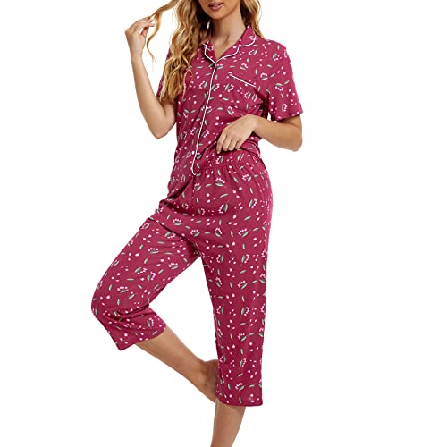 Tugege Capri Pajamas Set Womens Button Down Short Sleeve Lounge Sets Sleepwear Notch Collar Top & Capri 2 Piece PJ Sets (Red Floral, 3X-Large)