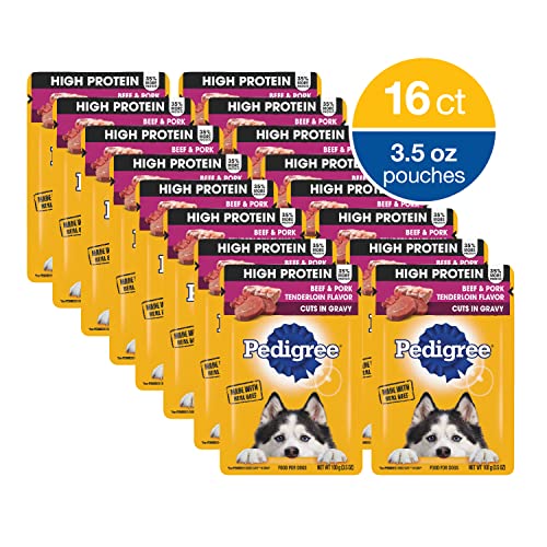 Pedigree High Protein Wet Dog Food Pouches, Beef and Pork Tenderloin Flavor Cuts in Gravy, 3.5 oz. Pouches, 16 Count